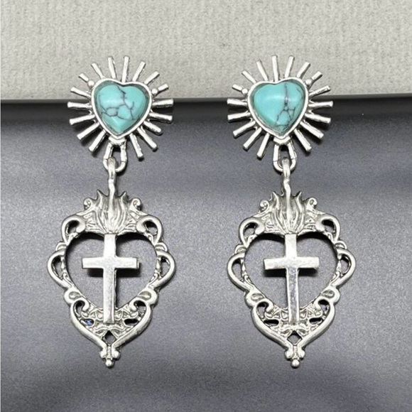 Jewelry | Sacred Heart Cross Exploding Sunburst Turquoise Ornate ...